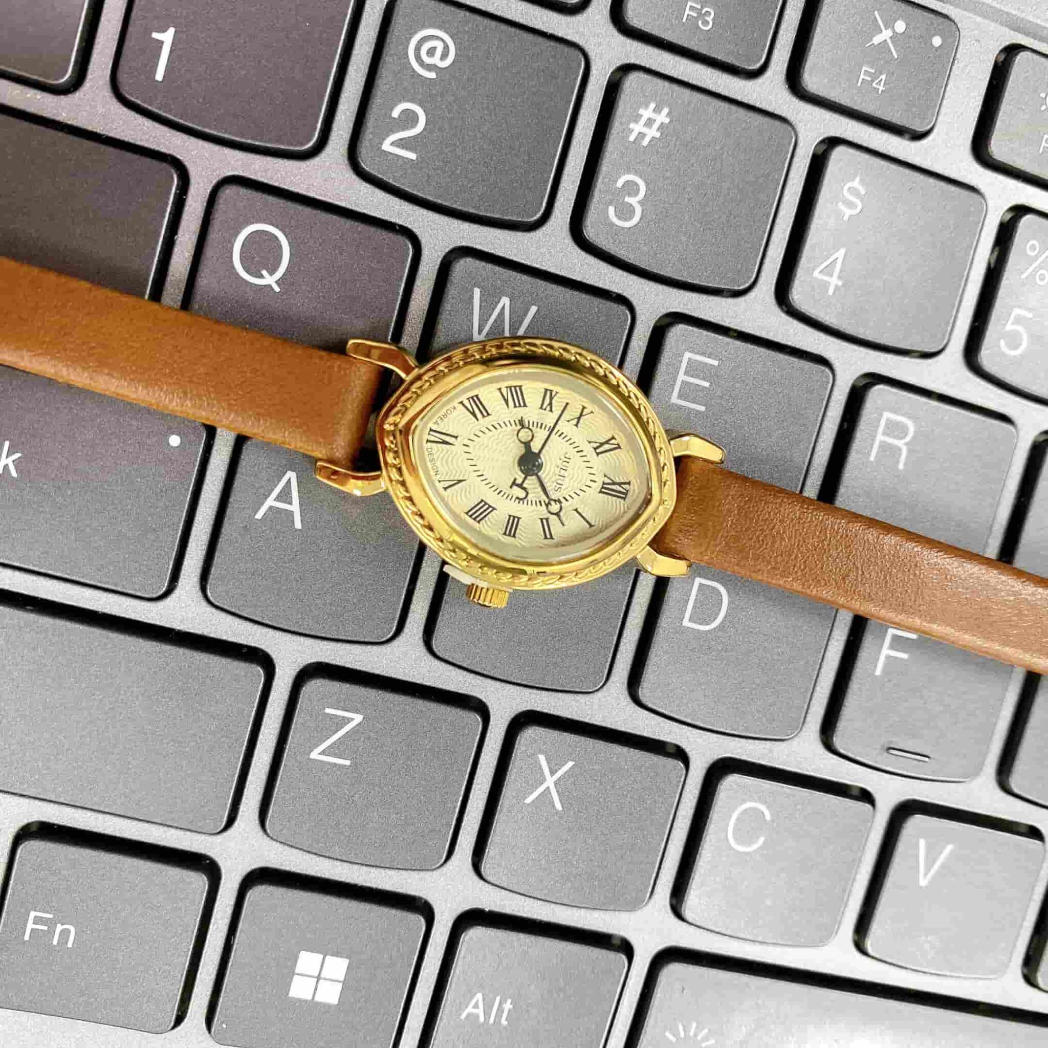 Vintage Brown Bucket-Shaped Leather Watch - WatchwithSun-Dainty & Chic ...