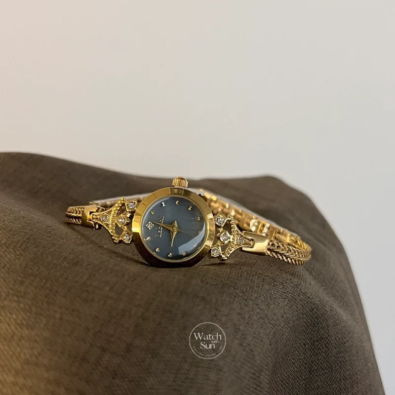 Dainty Small Face Round Blue Mother of Pearl Dial Gold Chain Bracelet ...