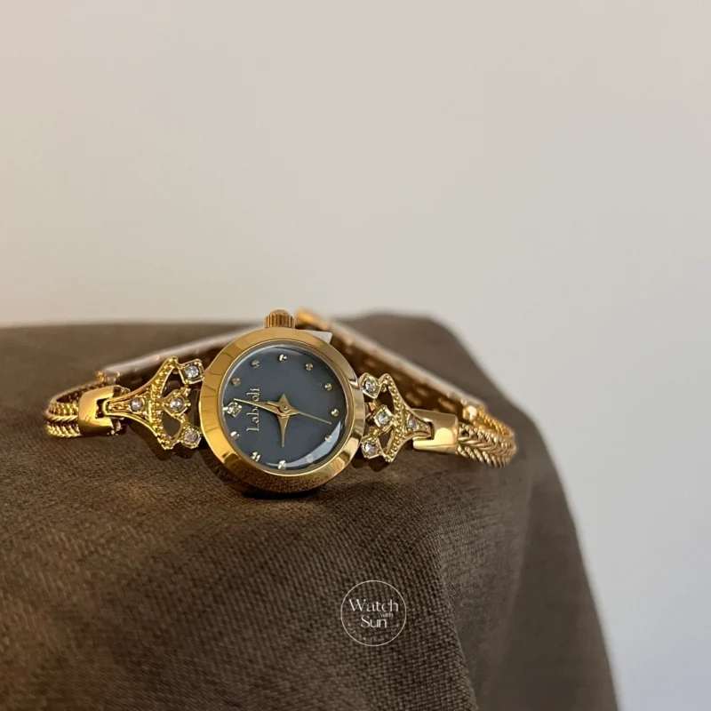 Dainty Small Face Round Blue Mother of Pearl Dial Gold Chain Bracelet ...