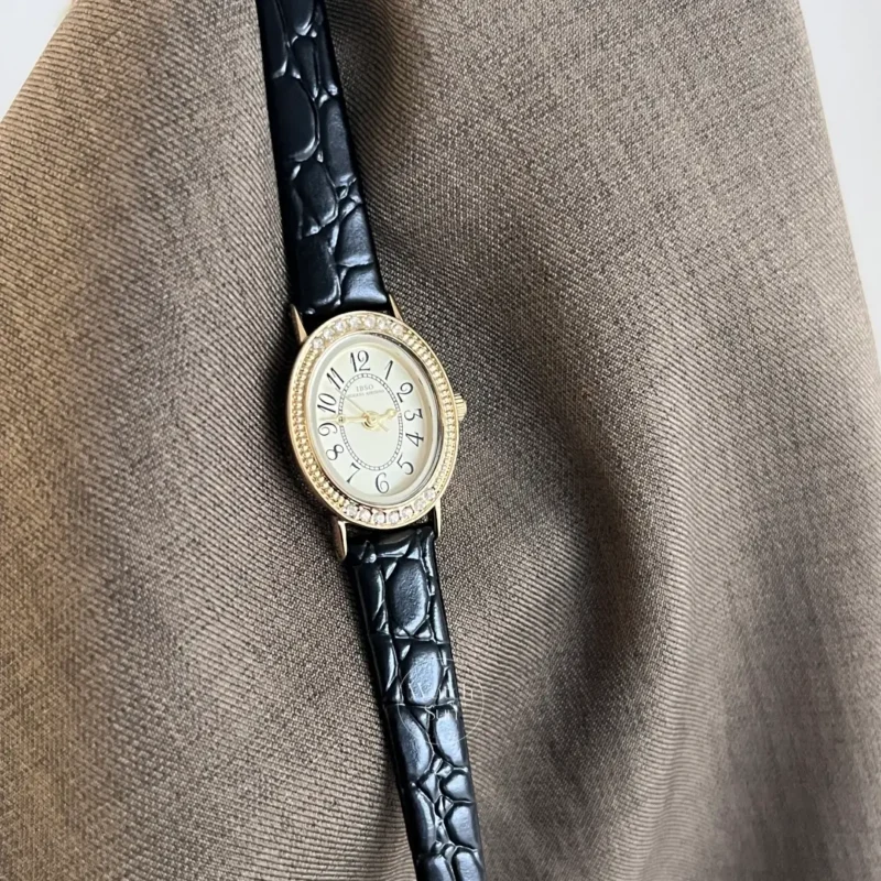 Dainty Gold Oval Dial Black Genuine Leather Strap Ladies Watch ...