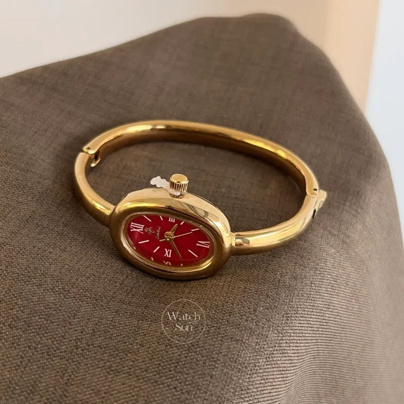 Chic Oval Burgundy Dial Gold Bangle Ladies Watch - WatchwithSun-Dainty ...