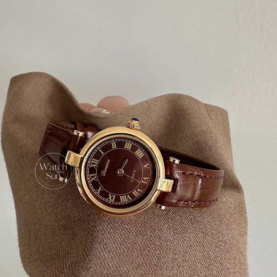 Vintage Roman Numeral Dial Brown Leather Watch - WatchwithSun-Dainty ...