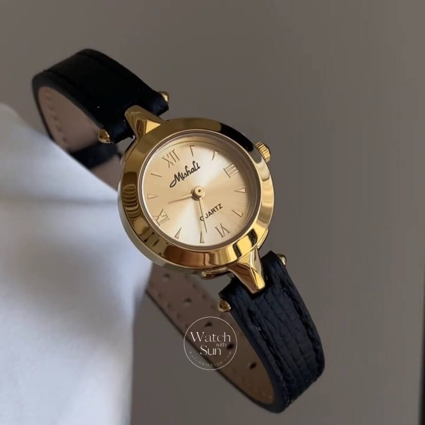 Chic Gold Face Black Leather Band Ladies Watch - WatchwithSun-Dainty ...