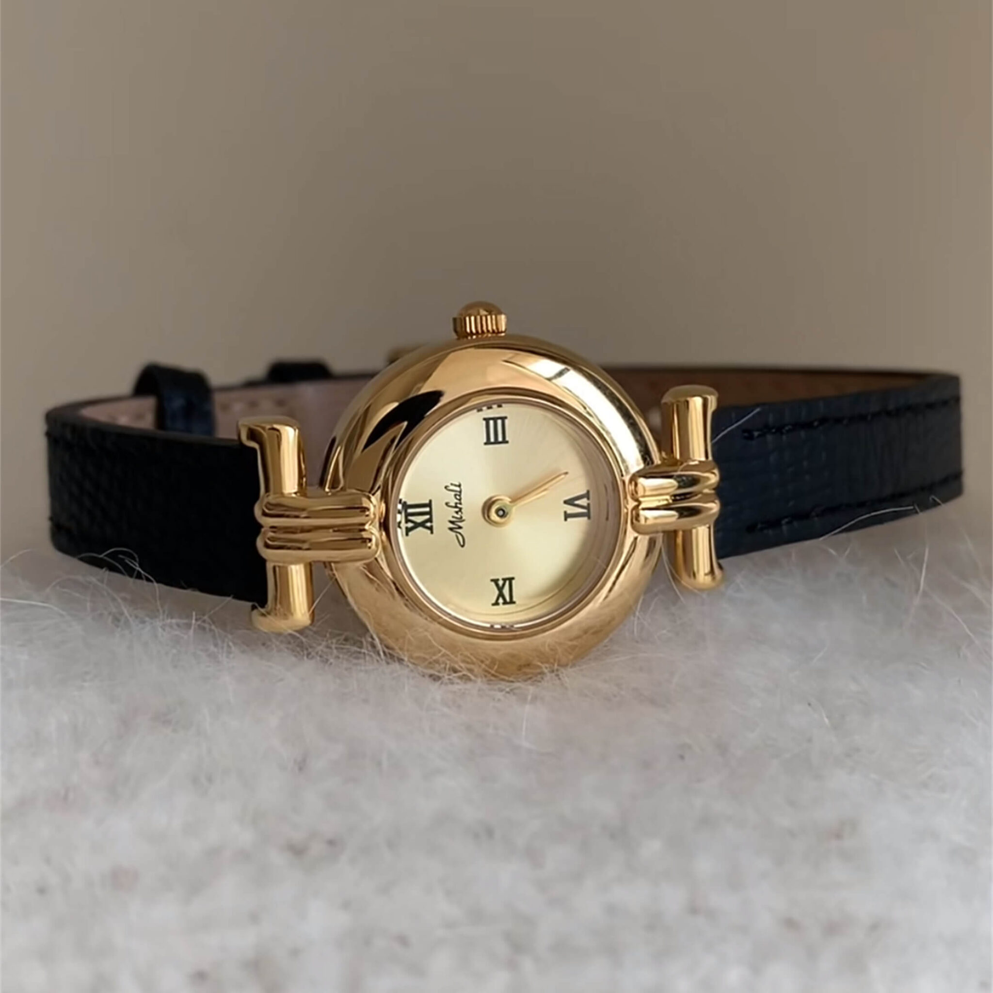 Dainty Brown-Gold Round Leather Watch for Women - WatchwithSun-Dainty & Chic Watches for Women