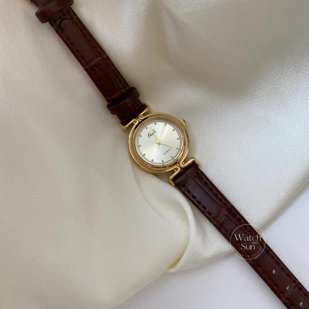 Classic Gold Face Brown Leather Ladies Watch - WatchwithSun-Dainty ...