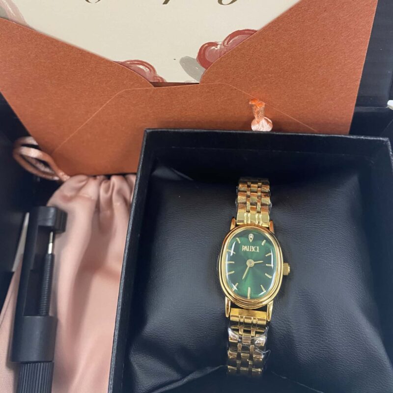 Oval Face Gold/Emerald Green Dial Bracelet Watch - WatchwithSun-Dainty ...