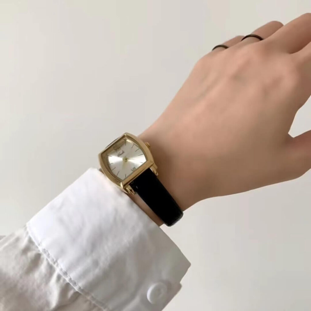 Chic Barrel Shaped Gold Watch Black Leather Wristwatch - WatchwithSun ...