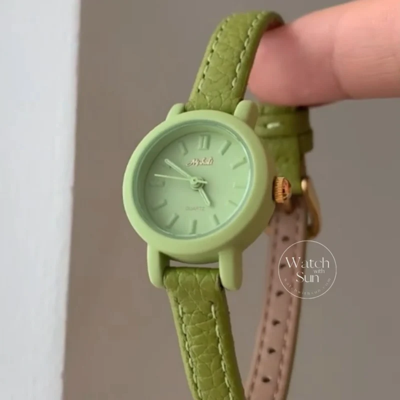 Chic Round Small Face Green/Pink Leather Ladies Watch for Petite Wrist ...