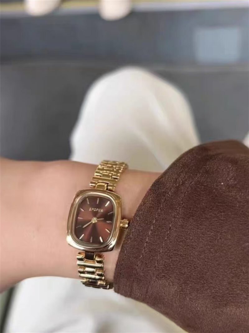 Dainty Square Face Brown/White Dial Gold Bracelet Watch for Women ...