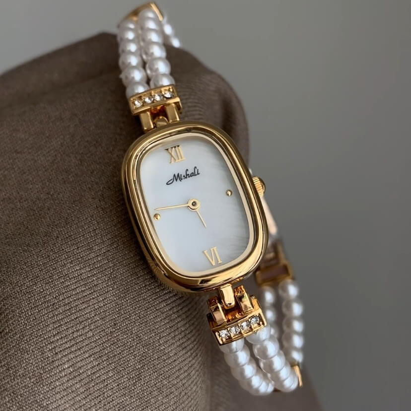Dainty Mother of Pearl Oval Face Pearl Chain Ladies Watch ...