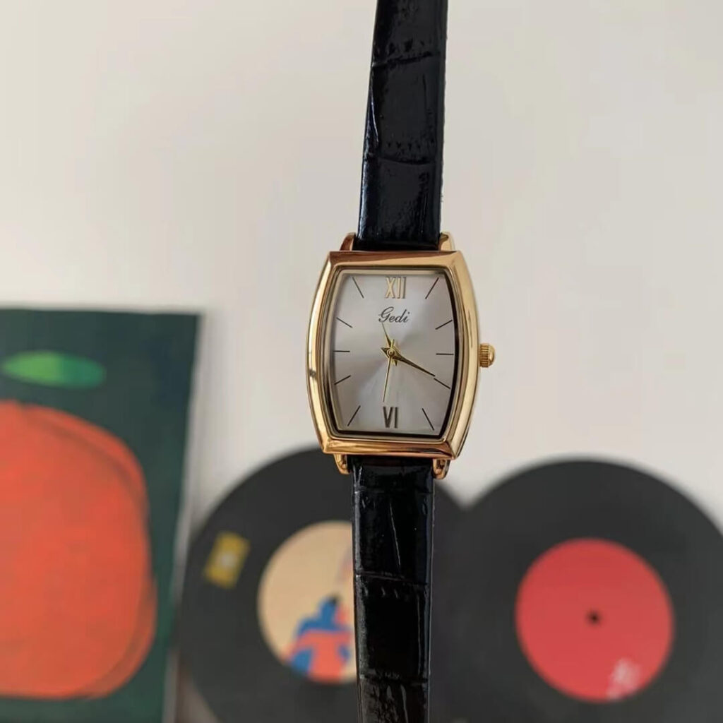 Chic Barrel Shaped Gold Watch Black Leather Wristwatch - WatchwithSun ...