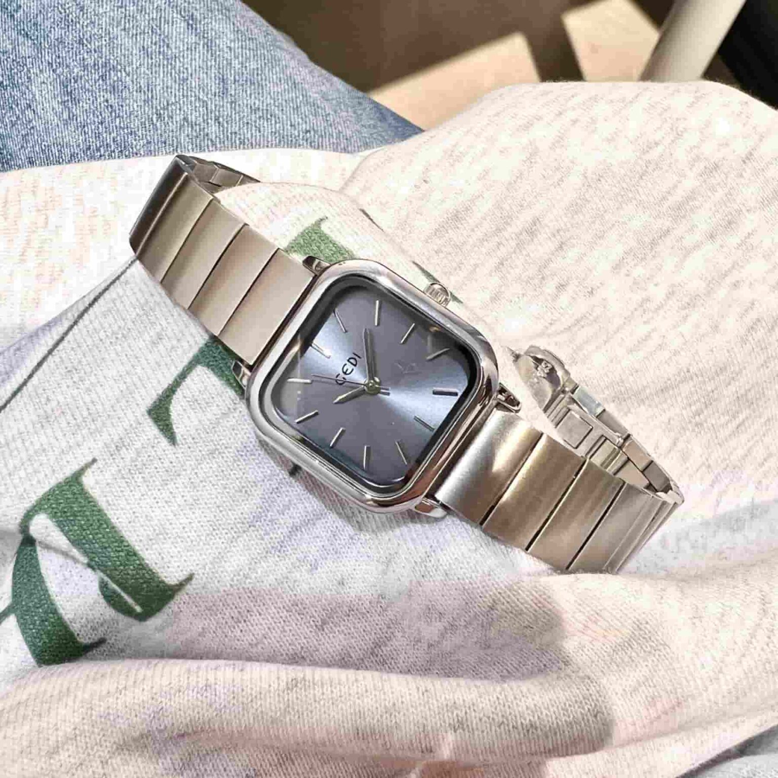 Bule Dial Square Face Silver Stainless Steel Ladies Watch ...