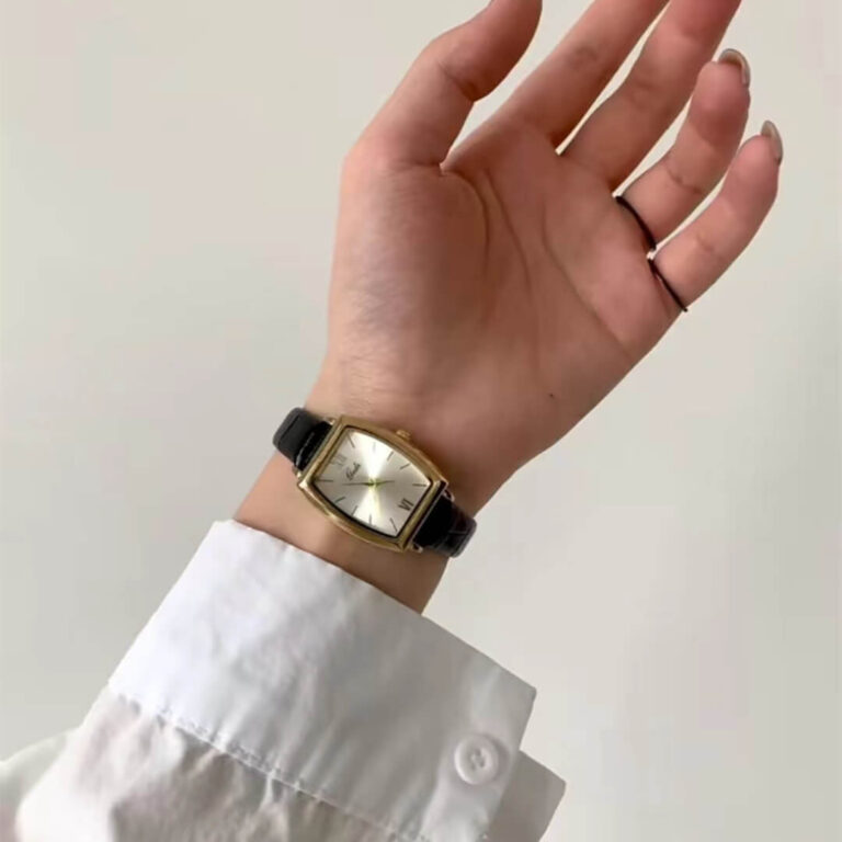 Chic Barrel Shaped Gold Watch Black Leather Wristwatch - WatchwithSun ...