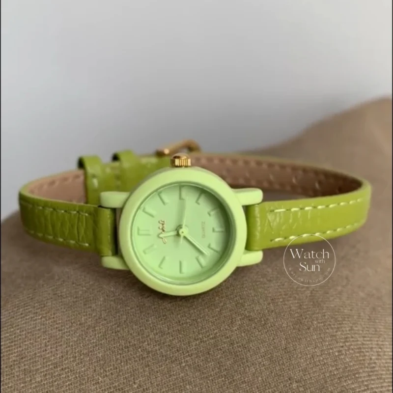 Chic Round Small Face Green/Pink Leather Ladies Watch for Petite Wrist ...