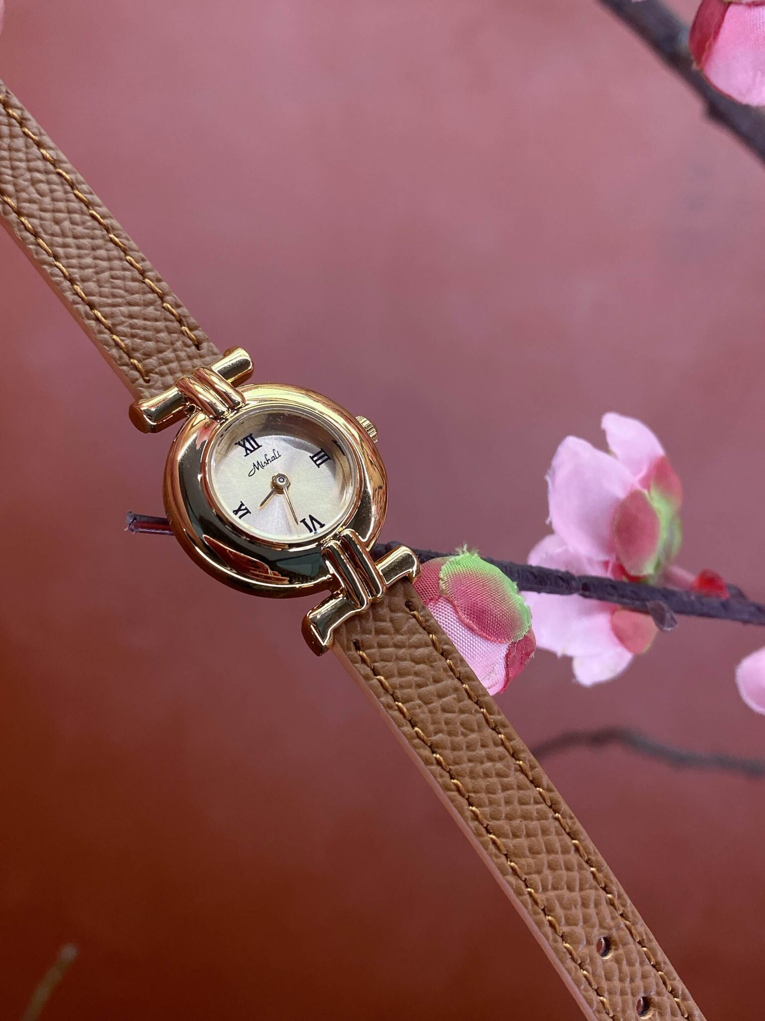 Dainty Brown-Gold Round Leather Watch for Women - WatchwithSun-Dainty ...