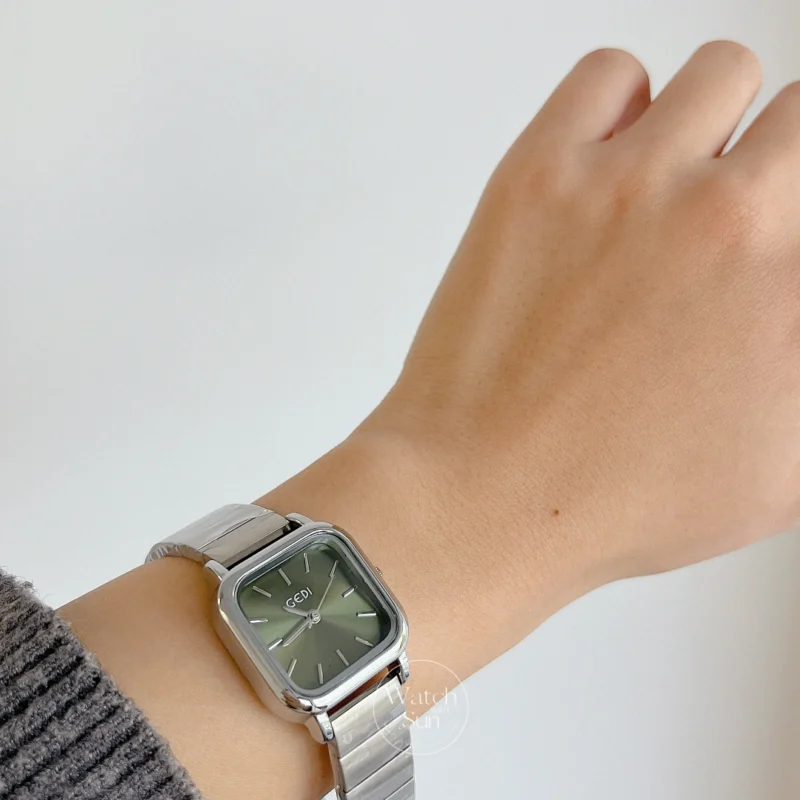 Olive Green Dial Square Face Silver Stainless Steel Laides Watch ...