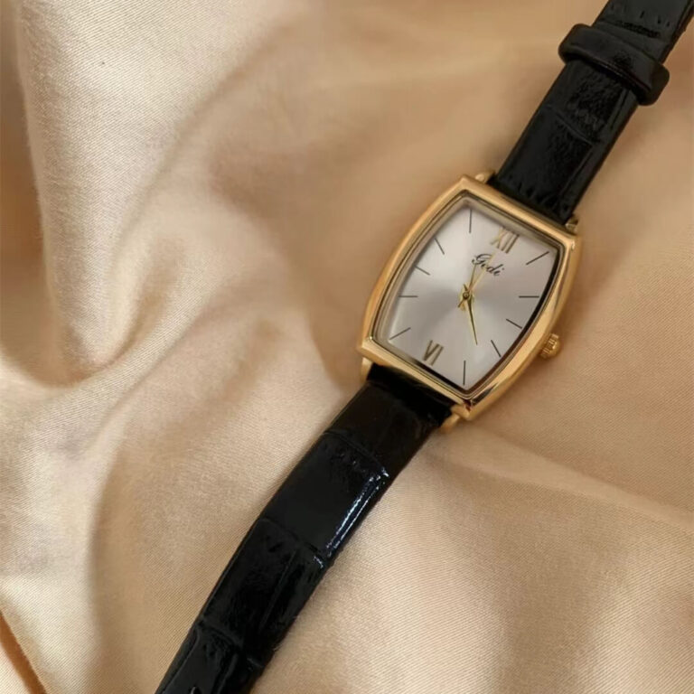 Chic Barrel Shaped Gold Watch Black Leather Wristwatch - WatchwithSun ...