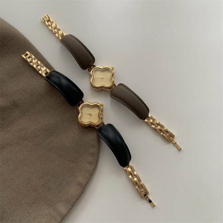 Chic Brown/Black Four Leaf Clover Leather Wristwatch - WatchwithSun ...