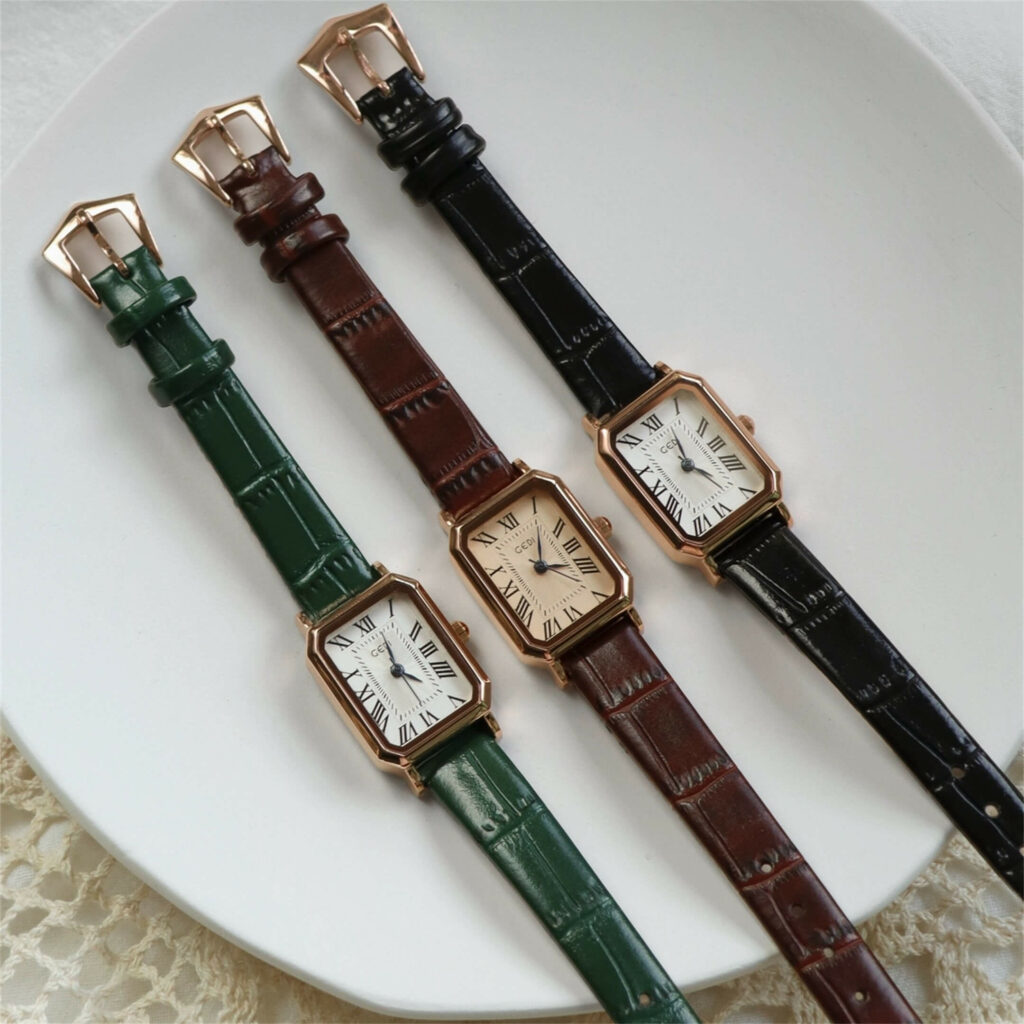 Classic Black/Brown/Green Square Leather Watch - WatchwithSun-Dainty ...