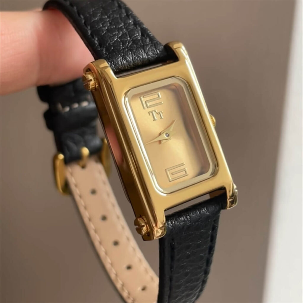 Square Face Black/Grey Leather Gold Watch - WatchwithSun-Dainty & Chic ...