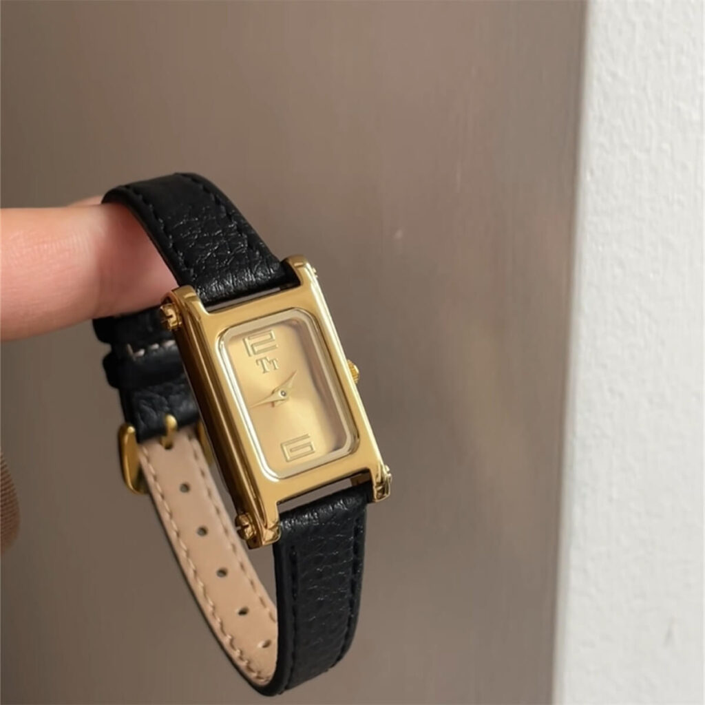 Square Face Black/Grey Leather Gold Watch - WatchwithSun-Dainty & Chic ...