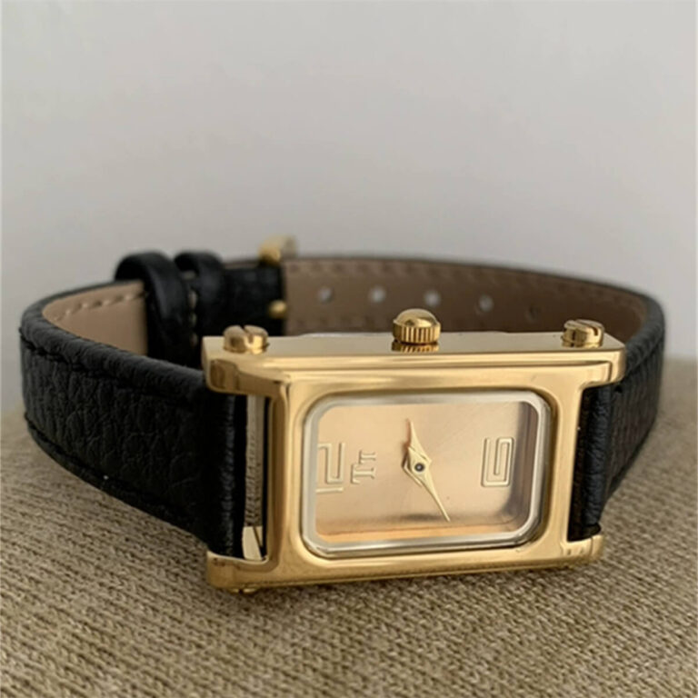 Square Face Black/Grey Leather Gold Watch - WatchwithSun-Dainty & Chic ...