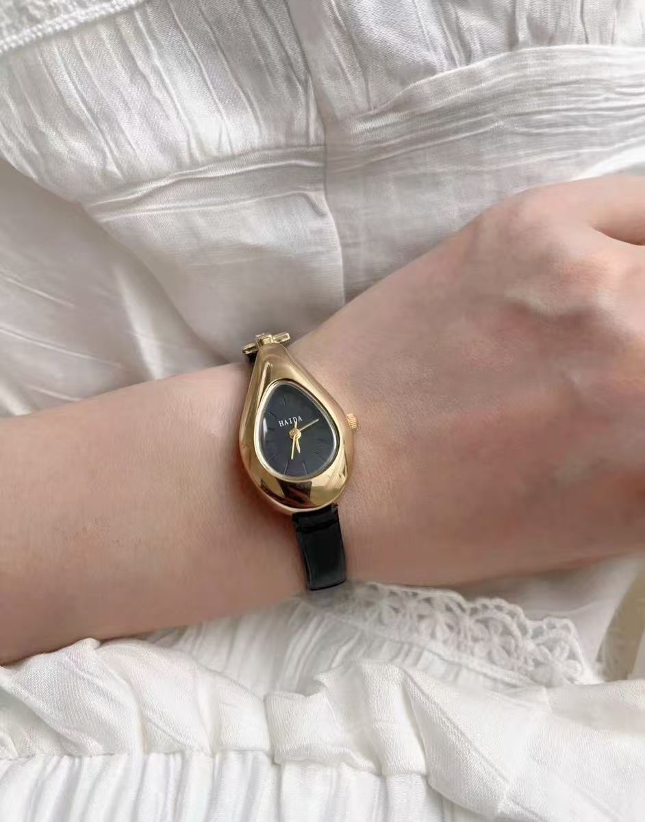 Dainty Black-Gold/Silver Water Drop Shape Leather Watch - WatchwithSun ...