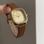 Vintage Style Brown-Gold Square Leather Watch for Women - WatchwithSun ...
