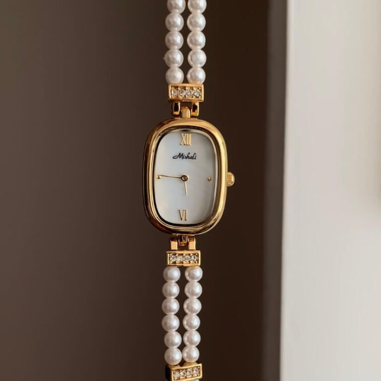 Dainty Mother of Pearl Oval Face Pearl Chain Ladies Watch ...