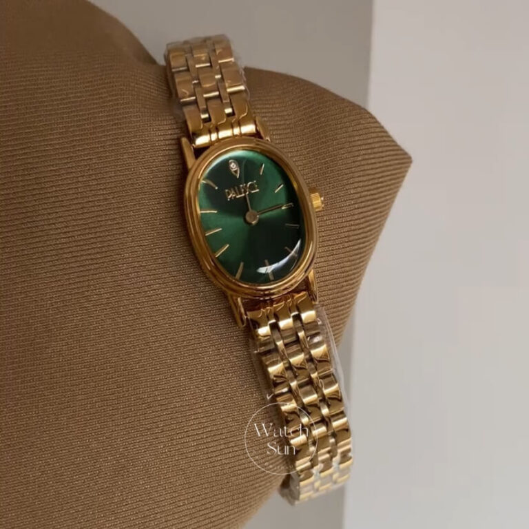 Oval Face Gold/Emerald Green Dial Bracelet Watch - WatchwithSun-Dainty ...