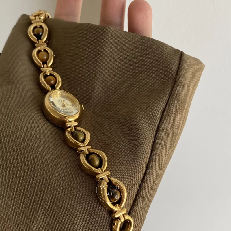 Oval Face Tiger's Eyes Stone Gold Bracelet Watch - WatchwithSun-Dainty ...