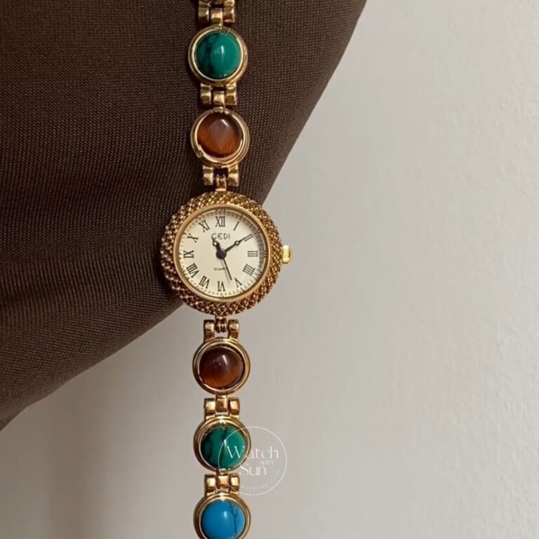 Vintage Round Face Natural Turquoise ＆ Malachite Bracelet Watch ...