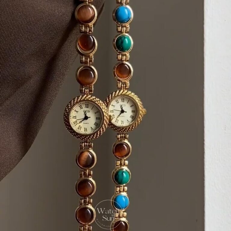 Vintage Round Face Natural Turquoise ＆ Malachite Bracelet Watch ...