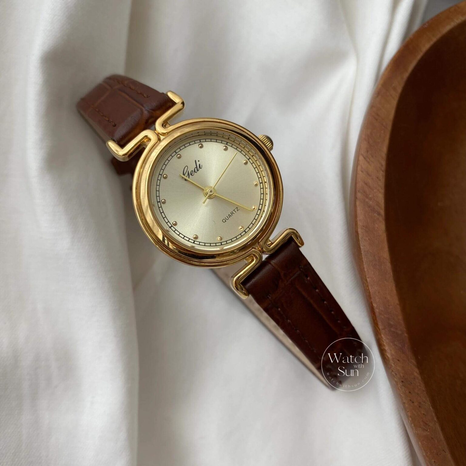 Classic Gold Face Brown Leather Ladies Watch - WatchwithSun-Dainty ...