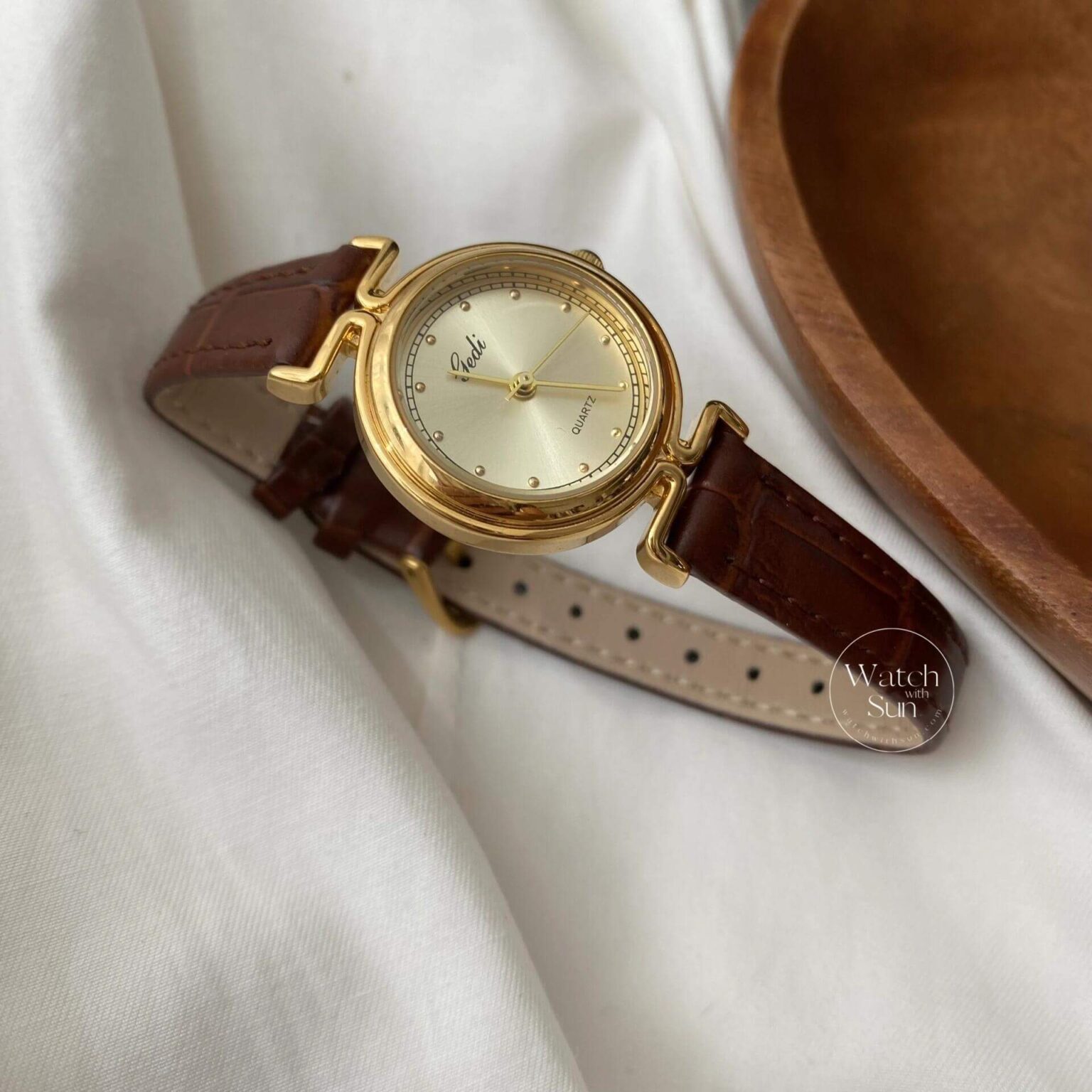 Classic Gold Face Brown Leather Ladies Watch - WatchwithSun-Dainty ...