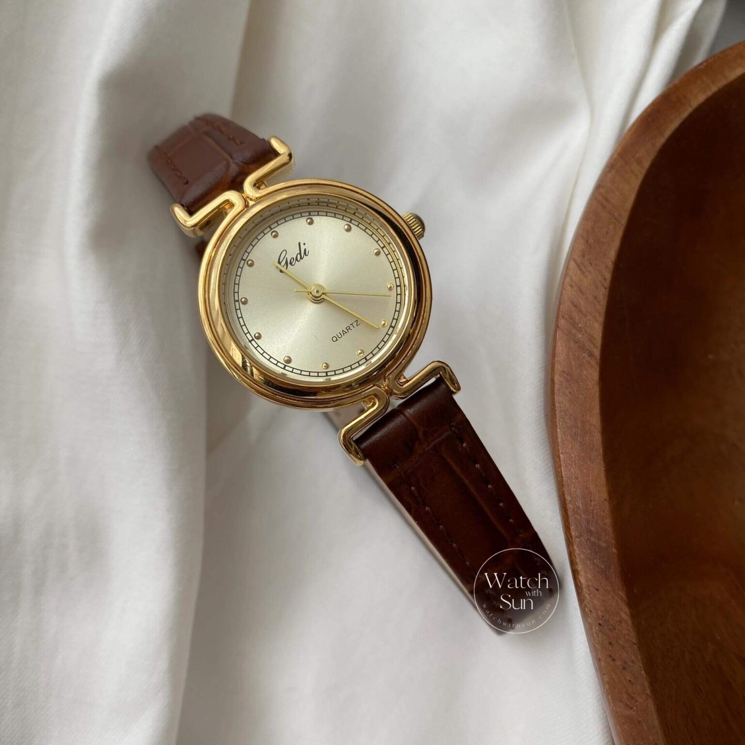 Classic Gold Face Brown Leather Ladies Watch - WatchwithSun-Dainty ...