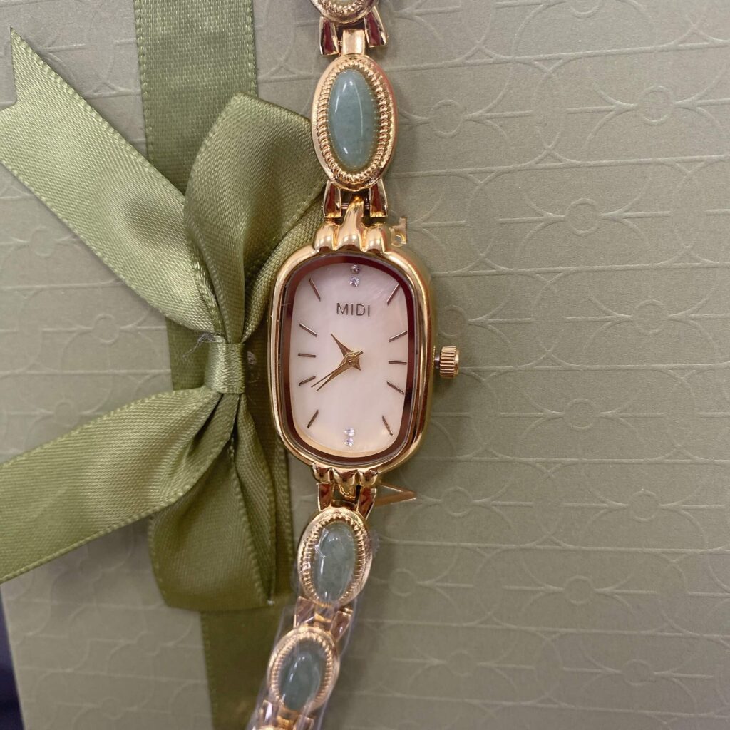 Beige Mother of Pearl Dial Watch Green Jade Bracelet Gemstone Watch for ...