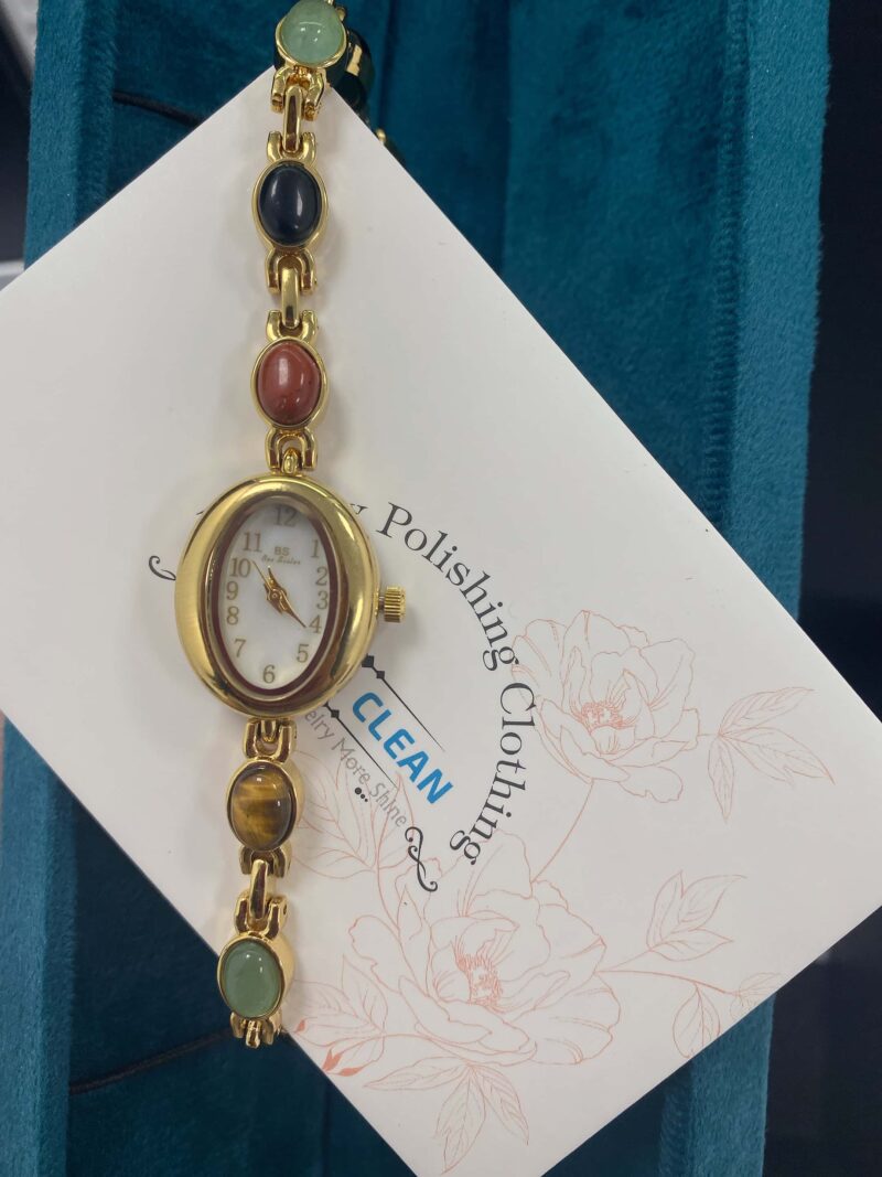 Vintage Gold Watch Mother of Pearl Dial Colorful Nature Stone Bracelet ...