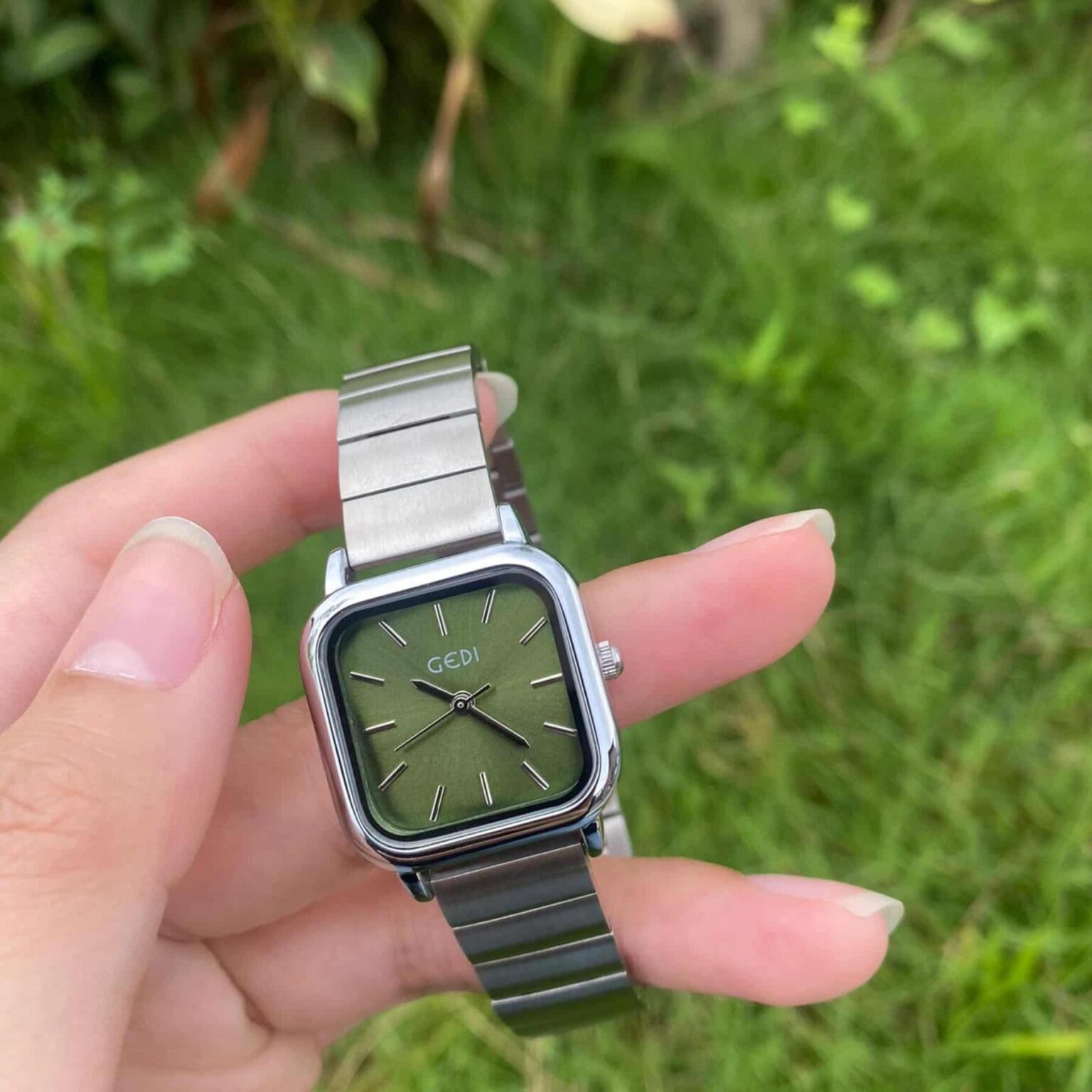 Olive Green Dial Square Face Silver Stainless Steel Laides Watch ...